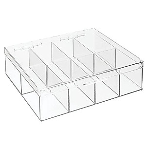 mDesign Tea Storage Organizer Box - 8 Divided Sections, Easy-View Hinged Lid - Use in Kitchen, Pantry, and Cabinets; Holder for Tea Bags, Packets, Small Items and Accessories, BPA free - Clear