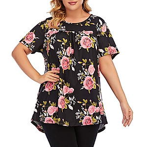Bravetoshop Plus-Size Tops for Women Short Sleeve Round Neck Casual Tunic Tops Summer Loose Blouse (Black,XL)