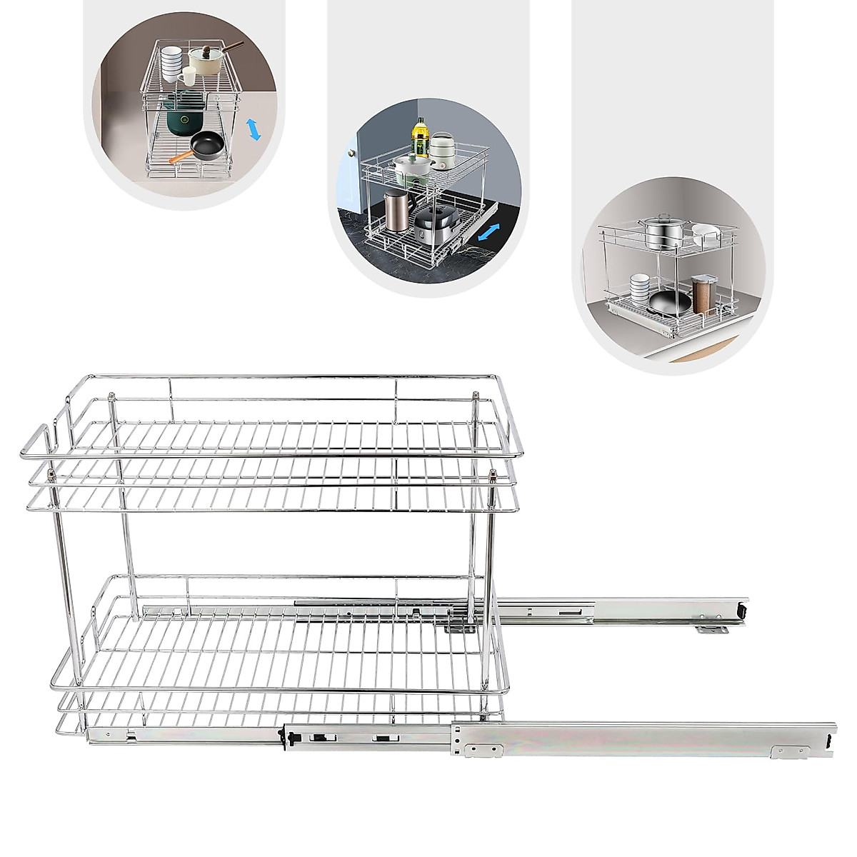 BILPIKOGoo 2-Tier Pull Out Cabinet Organizer(13.5" W X 21.5" D), Slide Out Basket Kitchen Cabinet Organizer, Cabinet Pull Out Shelves, Kitchen Cabinet Storage Sliding Shelves