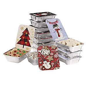 Gia's Kitchen Aluminum Pans with Lids, Set of 12 Christmas Tins - Heavy Duty Foil Pans with Lids, Ideal for Leftovers, Holiday Cookie Gifts - Assorted Traditional Foil, Rectangular (24 Piece Set)