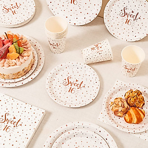 Crisky Rose Gold Sweet 16 Birthday Napkins Plates Cups Set for Girl 16th Birthday Party Decorations Supplies, Disposable Tableware Set of 24 (9" Plates, 7" Plates, Luncheon Napkins, 9oz Cups)