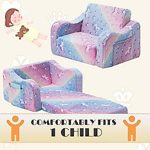 Toddler Baby Chair Couch Sofa for Kids Foldable 2-in-1 Fold Out Couch Bed Toddler Chairs Comfy for Boys & Girls Convertible Kids Furniture lounge chairs for Playroom with Double Pockets, Glowing Pink