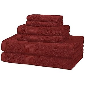 Amazon Basics 6-Piece Fade Resistant Bath towel, Hand and Washcloth Set - Crimson, 14.25" L x 10.85" W