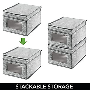mDesign Soft Fabric Stackable Closet Storage Organizer Box with Clear Window and Attached Hinged Lid for Bedroom, Hallway, Entryway, Closets, 6 Pack - Gray