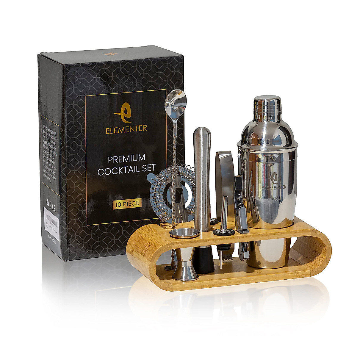 ELEMENTER Cocktail Shaker Set - Mixologist Bartender kit 10-Piece, Crafted from Stainless Steel, All The Accessories You Need to Mix The Perfect Drink or Martini, Cocktail kit Perfect for Gifts.