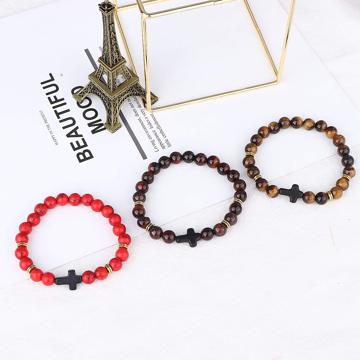 YADOCA 8 Pcs 8MM Beads Bracelet for Men Women Lava Rock Tiger Eye Stone Howlite Natural Stone Stretch Elastic Cross Bracelet Set