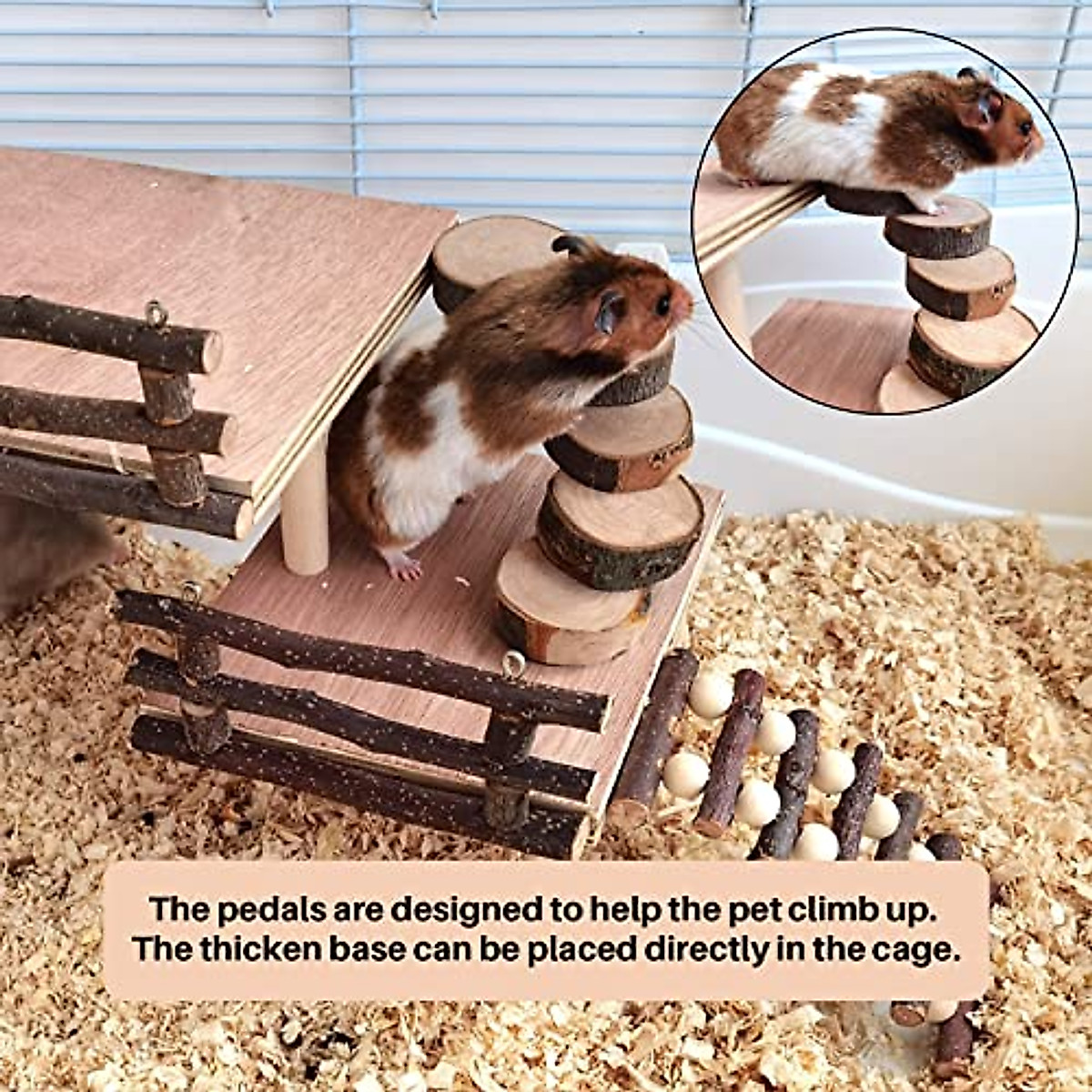 Hamster Climbing Toys Wooden Two-Tier Hamster Playground Activity Platform with Bridge Apple Wood Chewing Toys for Small Pets (Large)