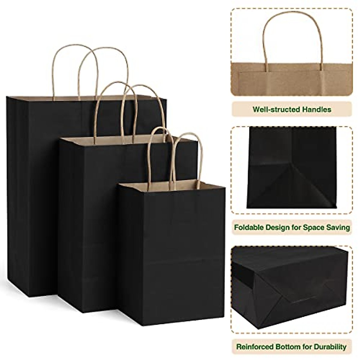 Poever Black Kraft Paper Bags with Handles 5x3x8 & 8x4x10 & 10x5x13 30 PCS, Gift Bags Shopping Bags Goody Bags Recyclable for Birthday Party Takeouts Retail Grocery