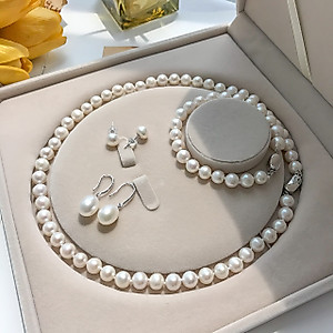 Freshwater Cultured Pearl Set Jewelry for Women Includes Pearl Bracelet, Stud Earrings and Drop Dangle Earrings High Luster AAA Quality Genuine Round White Pearl Strand Necklace Set Mother