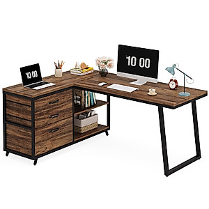 LITTLE TREE Reversible 53-inch L Shaped Desk with 3 Drawer, Farmhouse Corner Desk Gaming Table with Shelves and File Cabinet for Letter Size & Legal Size File for Home Office and Small Space, Brown