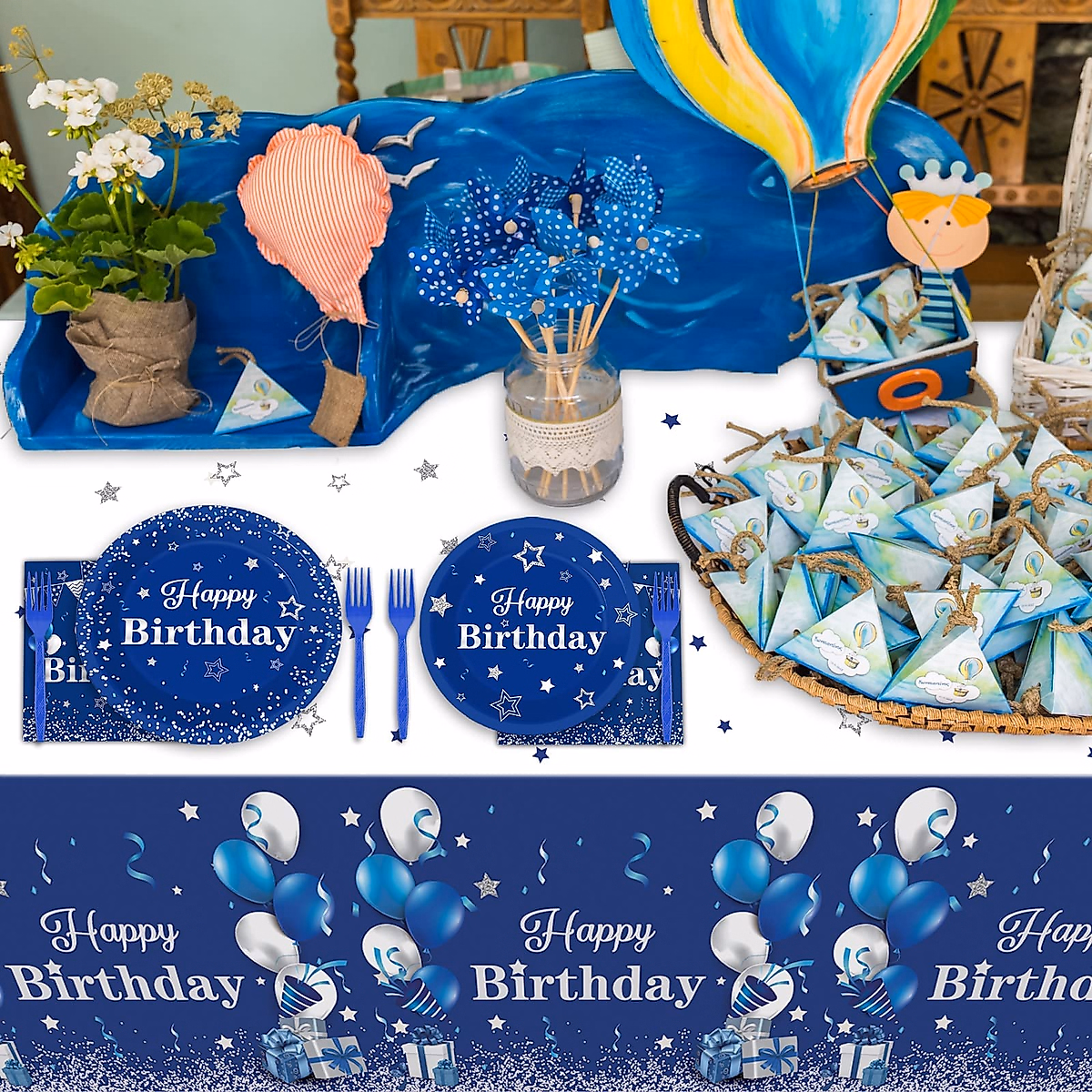 Navy Blue and Silver Birthday Party Supplies Tablecloths Tableware Sets Dessert Plates Napkins Forks for Men Women Birthdays Weddings Decoration Favors