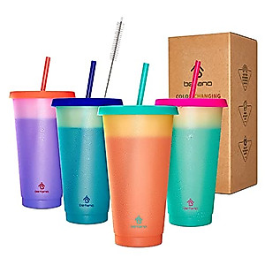Befano Color Changing Cups, 24oz Reusable Plastic Cups with Lids and Straws for Adults and Kids, Bulk Tumblers for Iced Coffee Tea and Smoothie, To go Summer Cups for Party and Travel -4 Pack
