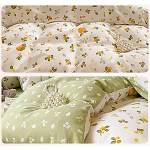 Generic 100% Cotton Duvet Cover and 2pc Pillowcases Twin Queen King Full Size Orange Fruit Print Bed Linen Bedding Home Textile with Zipper Closure and 4 Tiers (King), Green