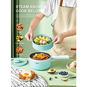 Reemix Hot Pot Electric With Steamer, 1.6L Ramen Cooker Non-Stick Sauté Pan for Steak, Egg, Fried Rice, Ramen, Oatmeal, Soup, Portable Personal Hot Pot Perfect Suit for Dorm Room and Apartment (Aqua)