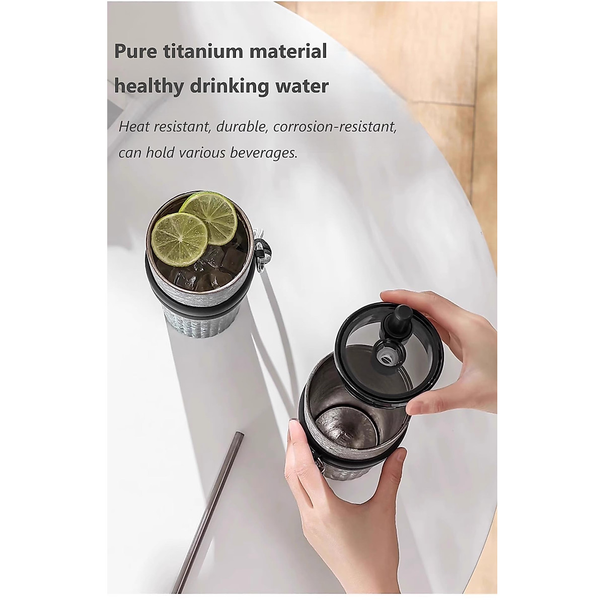 JOEY'S CHOICE 23.67oz/700ml Large Capacity Pure Titanium Double Wall Insulated Tumbler Portable Straw Ice Blaster Car Cup for Milk, Coffee, Water and Juice (Dark Blue)