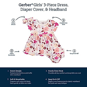 Gerber Baby Girls' 3-Piece Dress, Diaper Cover and Headband Set, Floral