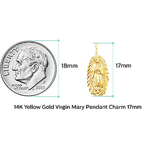 Small 14K Yellow Gold Diamond-Cut Religious Our Lady Of Guadalupe Virgin Mary Pendant Miracle Medal Charm (17x9 mm) (3/4" height) - Jewelry Gifts For Women Wife Mom Gifts For Men Husband Dad
