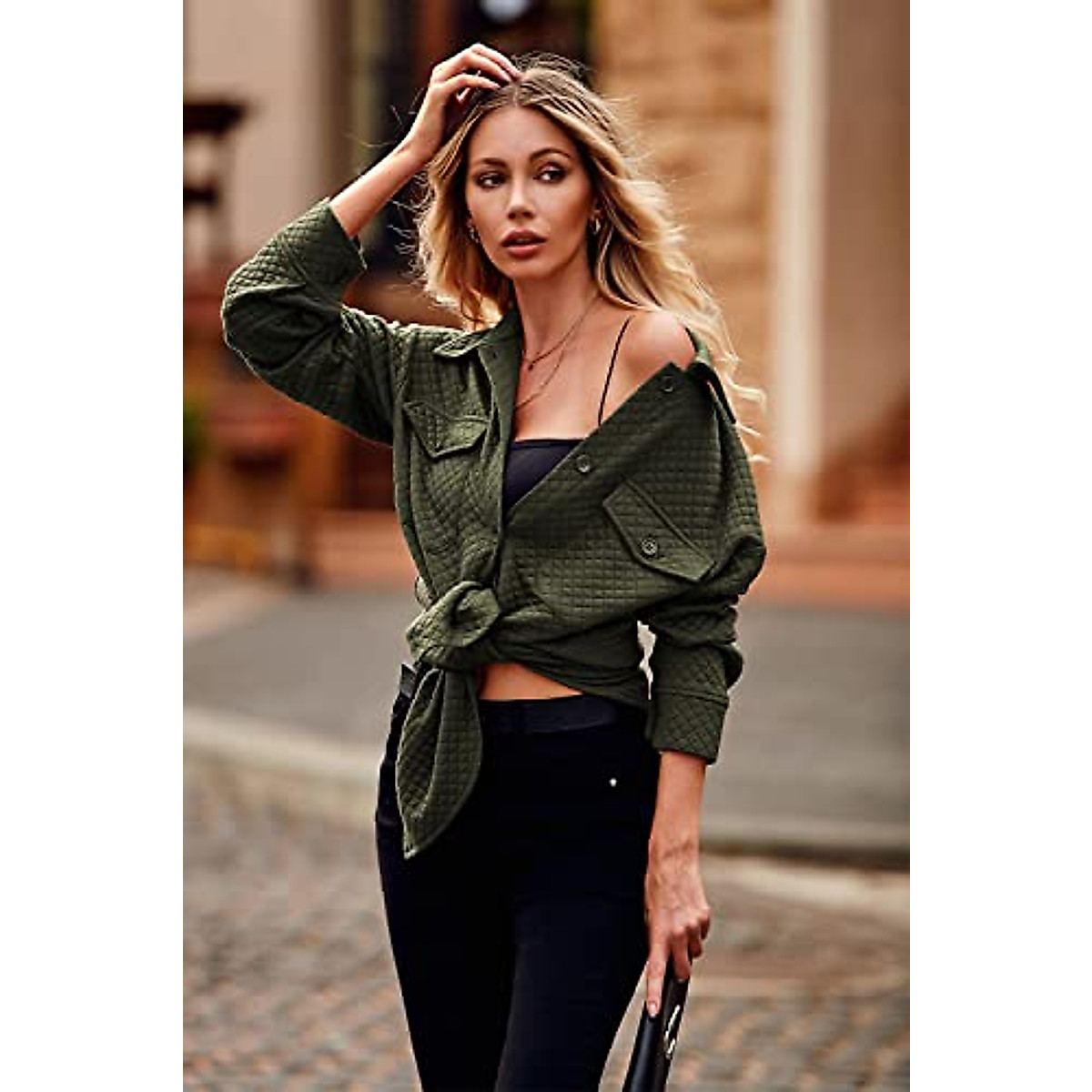 PRETTYGARDEN Women's 2023 Winter Quilted Jackets Lapel Coat Outerwear Casual Long Sleeve Button Down Blouse Shirts Tops (Army Green,Medium)