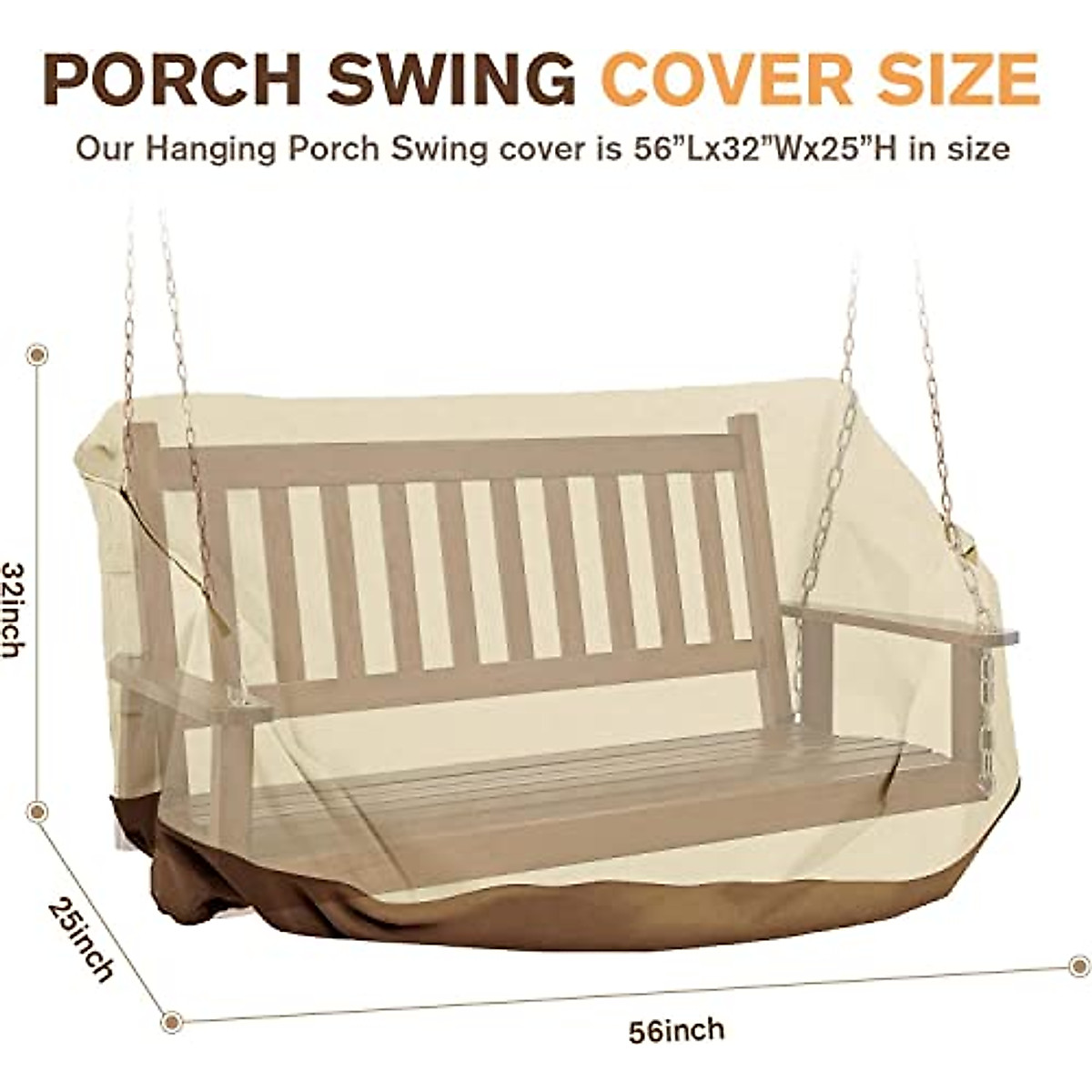 boyspringg Porch Swing Cover, 56x32x25 Inches, Outdoor Swing Cover Waterproof for Patio Garden Furniture, Patio Swing Cover All Weather Protection (Beige)