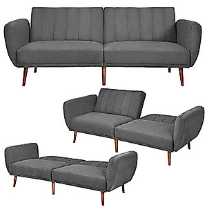 POWERSTONE Futon Sofa Bed - Convertible Sofa Couch Sleeper with Armrest and Wood Legs Foam Cushion Living Room Furniture Home Recliner 82.5”, Grey