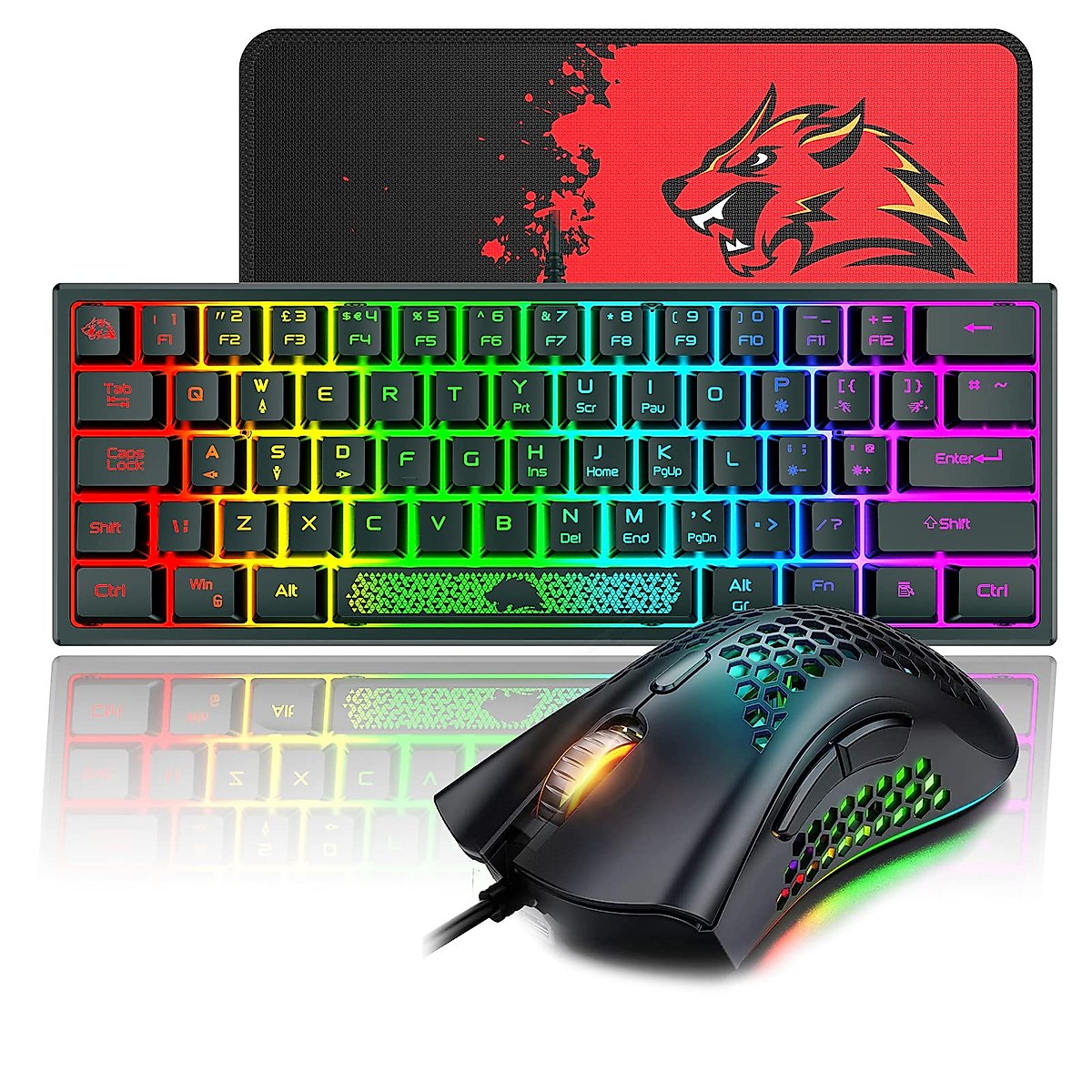 60% Gaming Keyboard and Mouse Combo Duble Color Keycaps Samll RGB Backlight Mechanical Feeling and Mechanical RGB 6400 DPI Honeycomb Optical Mouse,Gaming Mouse pad for Gamers and Typists