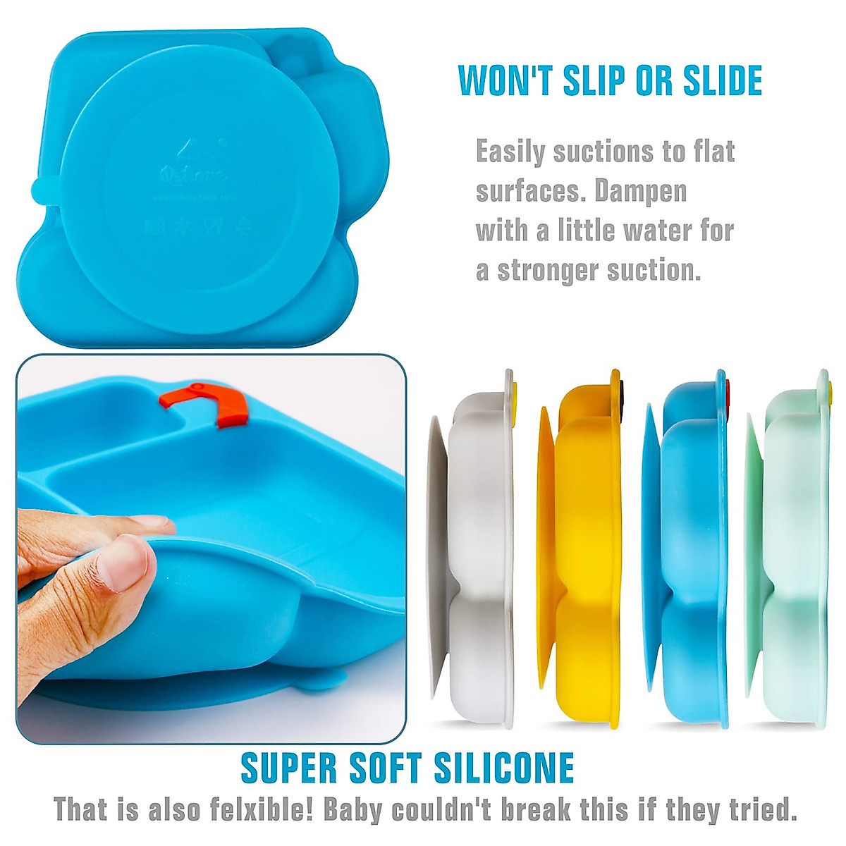 Baby Plate Silicone Divided, Suction Toddler Plates Dishes for Toddler Kids Self Feeding, BPA Free, Microwave & Dishwasher Safe (Bue)