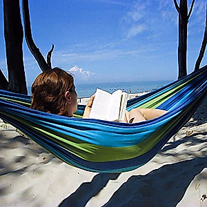 Tintonlife Brazilian Double Hammock 2 Person Canvas Cotton Hammock with Carrying Bag for Patio Porch Garden Backyard Lounging Outdoor/ Indoor Green Stripe Hammock