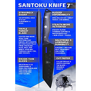 Dalstrong Santoku Knife - 7 inch - Delta Wolf Series - Ultra-Thin & Zero Friction Blade - Black Titanium Nitride Coating Vegetable Kitchen Knife - G10 Camo Handle - Leather Sheath