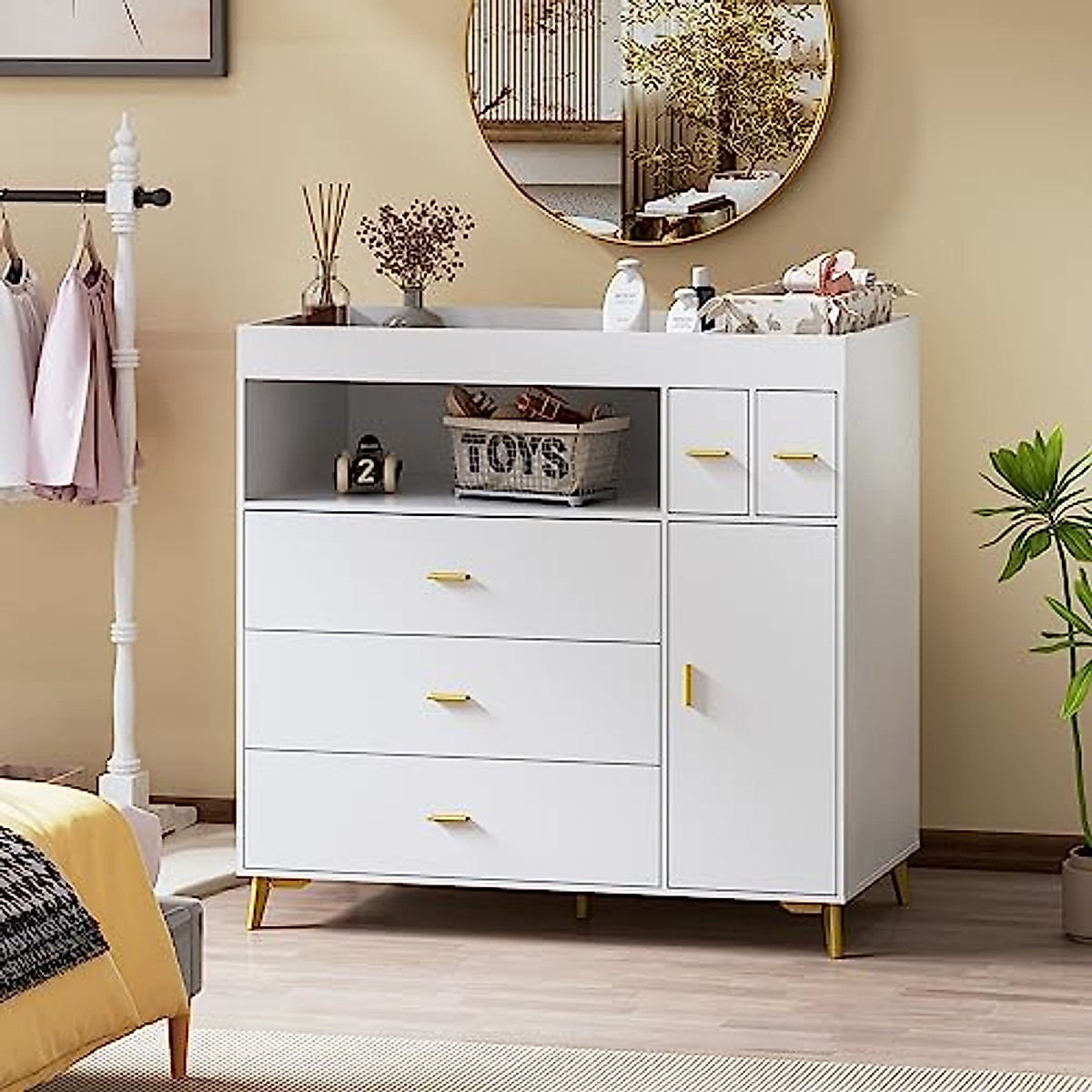 PakaLife Changing Table with Drawers, White Drawer Dresser,Changing Table Dresser with 5 Drawer & Cabinet