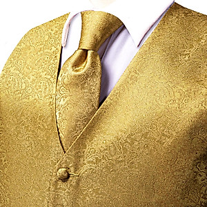 Dubulle Mens Suit Vest and Tie Set Paisley Floral Waistcoats for Men with Necktie Pocket Square Cufflinks Tuxedo Wedding,Gold,Large