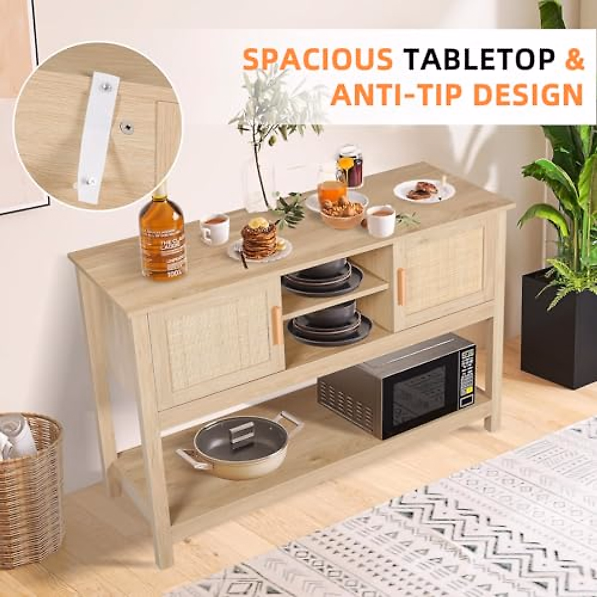 LAZZO Rattan Console Table 47" Narrow Entryway Table Sofa Table Behind Couch Table Coffee Bar with 2 Door Cabinets, 2 Drawers and Open Storage Shelf for Living Room, Foyer and Hallway Natural Wood