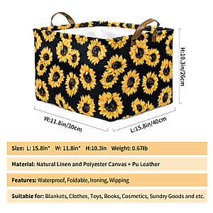 Sunflowers Storage Bin Basket Collapsible with Leather Handles Waterproof Canvas Storage Cube Box for Closet Toys Clothes Nursery Room Gift Basket
