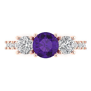 Clara Pucci 2 ct Round Cut Solitaire 3 stone accent Natural Amethyst gemstone Designer Anniversary Bridal Engagement Ring 14k Rose Gold