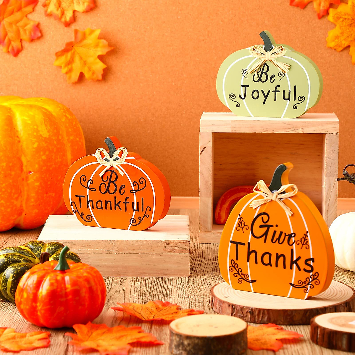 3 Pcs Fall Wooden Pumpkin Sign Fall Thankful Joyful Thanks Pumpkin Tiered Tray Decor Fall Table Signs Harvest Thanksgiving Wood Block Sign for Home Party Halloween Decorations (Orange, Green, Yellow)