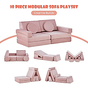 CLIPOP Kids Couch 10pcs Modular Kids Play Couch Set, Kids Couch Building Fort, Instant Rebound Foam, Versatile Child Sectional Sofa for Bedroom Playroom, Stylish Baby Boy Girl Gifts (Pink)