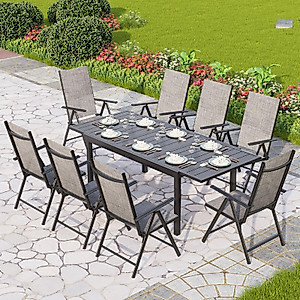 PHI VILLA 9 Piece Patio Dining Set, Outdoor Dining Set with Patio Furniture Table Chairs Set, Adjustable Folding Patio Chairs & Extendable Metal Steel Table for Garden