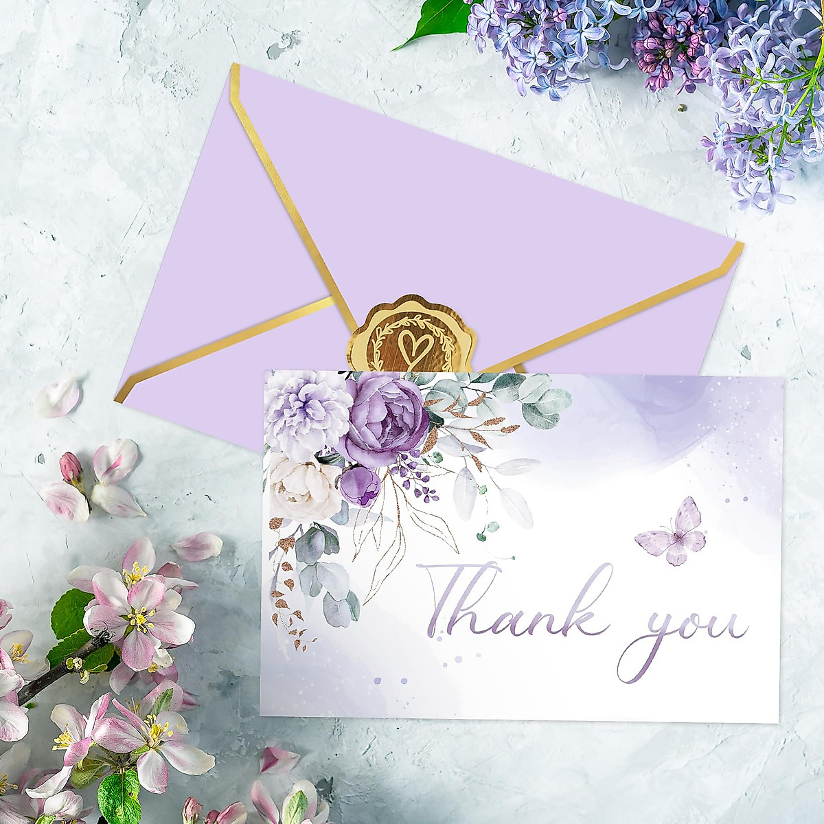 Whaline 24 Pack Purple Floral Thank You Cards with Envelopes Stickers 3 Design Watercolor Flower Greeting Cards Spring Blank Note Cards for Baby Shower Wedding Birthday Party, 4 x 6 Inch