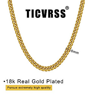 TICVRSS 18K Gold Cuban Link Chain for Men Necklace 6mm Stainless Steel Chains for Boys Women 22 Inch Jewelry Gifts