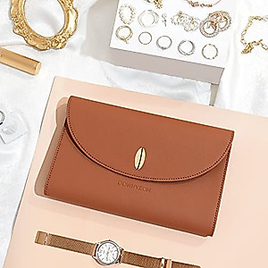 ROWNYEON Travel Jewelry Organizer Case Leather Jewelry Roll Journey Storage Bag for Earrings, Rings, Necklaces, Bracelets (Brown)