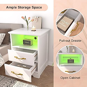 NEDYO White Nightstand with Charging Station & LED, Bed Side Table with 2 Drawers, Modern Small End Table for Bedroom and Living Room. Cream White