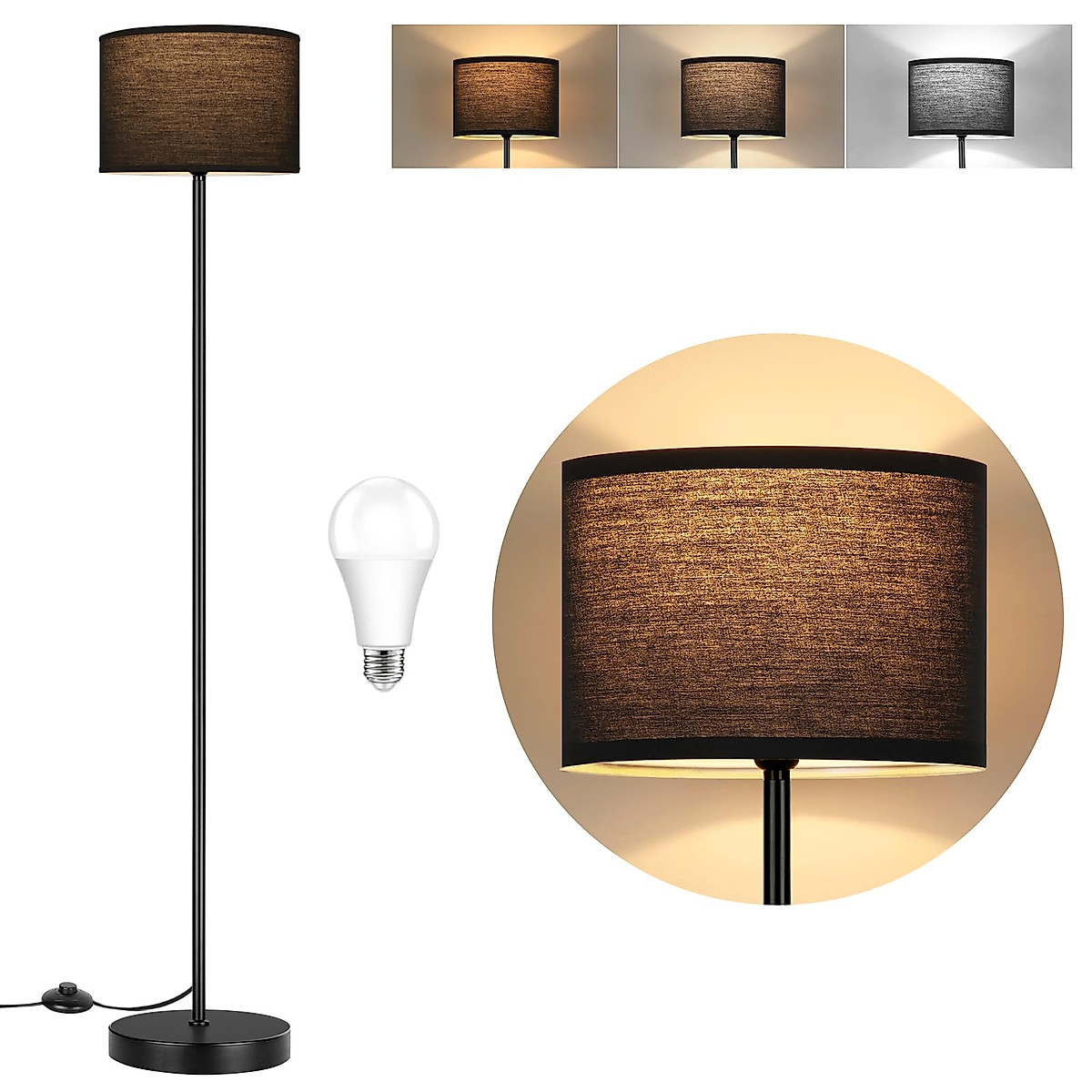 LED Floor Lamp Simple Design, Modern Standing Lamp with Shade,Tall Lamp for Living Room Bedroom Office Study Room, Black Pole Lights with Foot Switch, White Stand Up Lamp Fabric, E26 Base