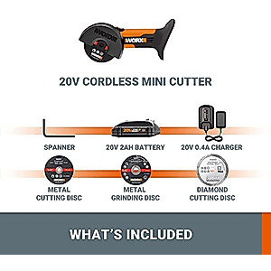 WORX 20V 3'' Cordless Mini Cutter WX801L.1 Compact Angle Grinder Tool w/ 2 Cutting Discs, 2.0Ah Battery & Charger Included