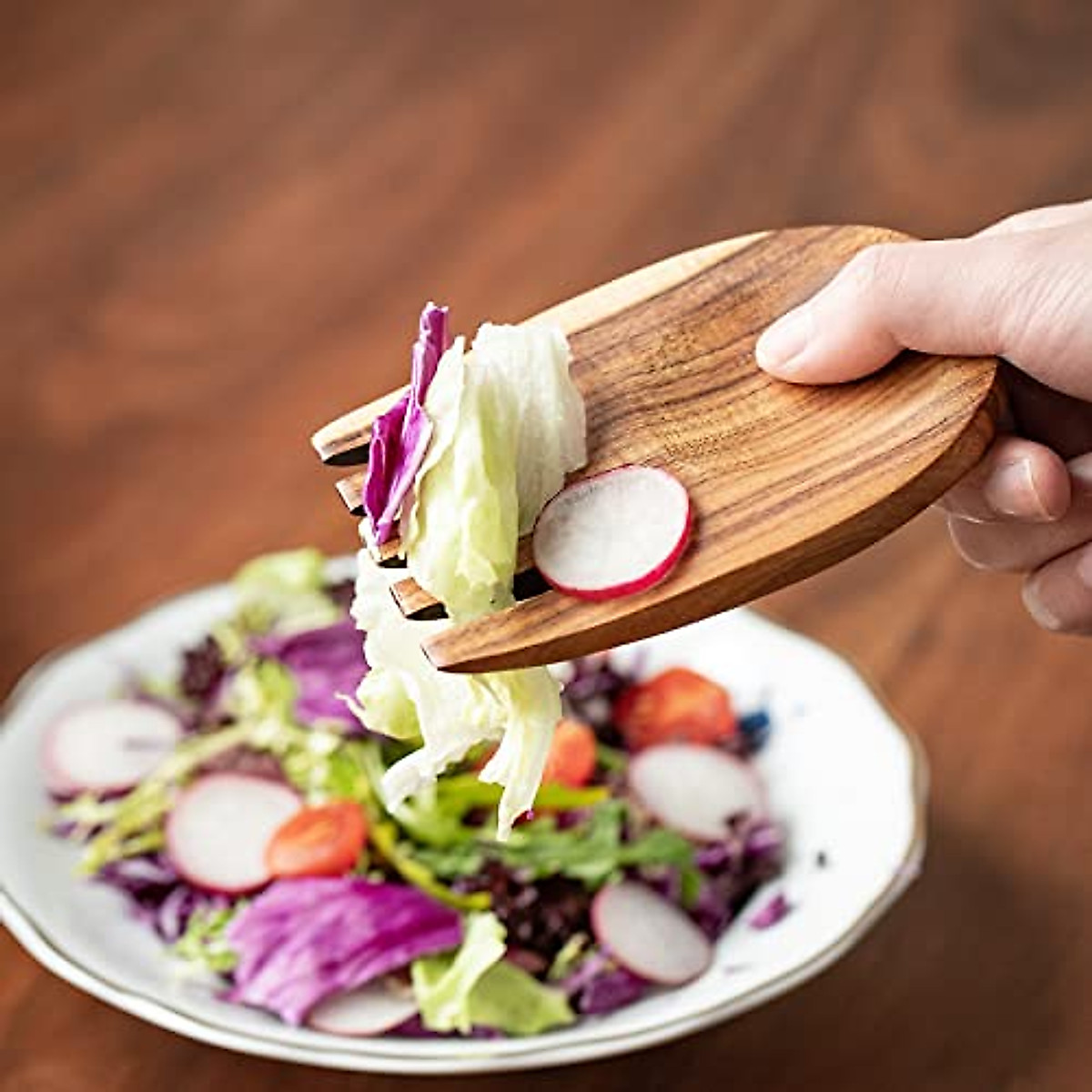 Muso Wood Acacia Salad Hands, Wooden Salad Tongs for Serving Salad Mixes, Set for Serving Salad Fruit on Your Kitchen Counter, 5.12" x 3.62" x 0.39", One Pair