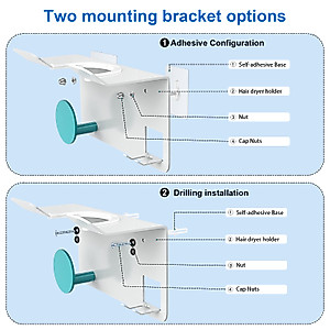 KYZDZQ Hair Dryer Holder Wall Mounted, New Upgrade Self-Adhesive or Perforated Installation Blow Dryer Holder, Compatible with Most Hair Dryers, White