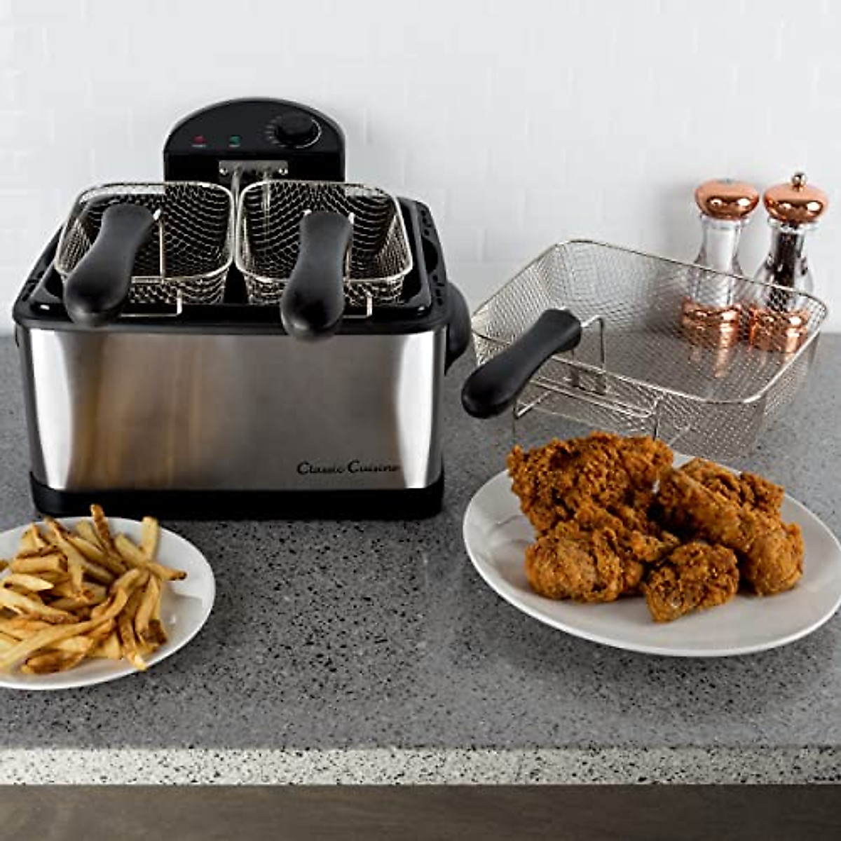 Electric Deep Fryer- 3 Fry Baskets, 1 Large and 2 Small for Dual Use- At Home Stainless Steel Hot Oil Cooker by Classic Cuisine (4 Liter)