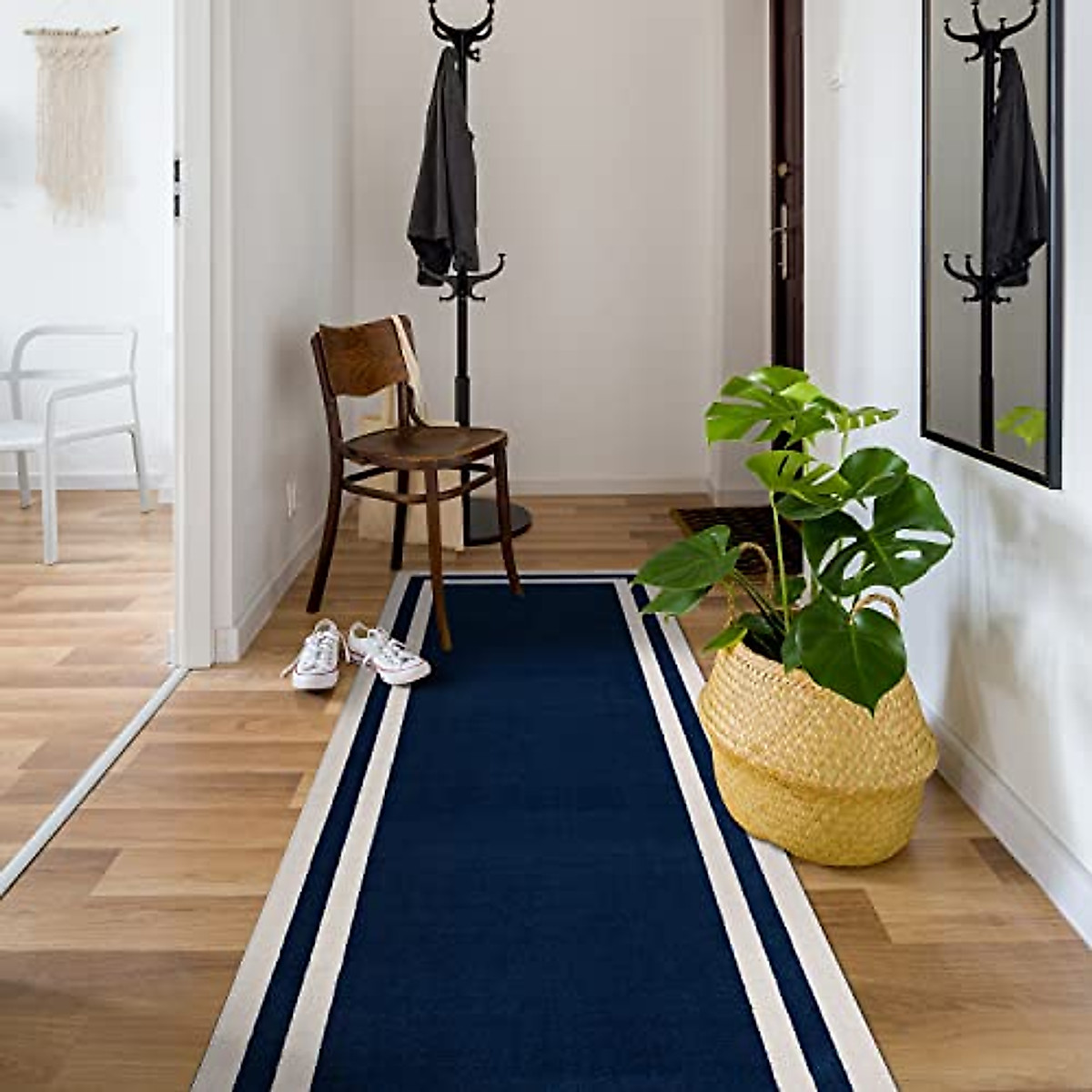 CAMILSON Navy Blue Area Rug 2' x 7', Bordered Design Indoor Runner Rugs for Living Area Hallway, Navy Blue / Cream Indoor Carpet