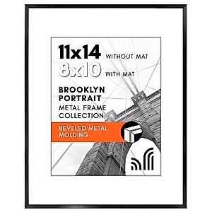 Americanflat Aluminum 11x14 Picture Frame with Shatter-Resistant Glass - Use as 8x10 Frame with Mat or 11x14 Frame Without Mat - Brooklyn Collection - Photo Frame for Wall Display - Black
