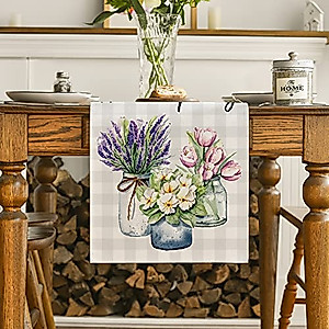 Artoid Mode Buffalo Plaid Lavender Vase Hello Spring Table Runner, Easter Summer Seasonal Anniversary Holiday Kitchen Dining Table Decoration for Indoor Outdoor Home Party Decor 13 x 72 Inch