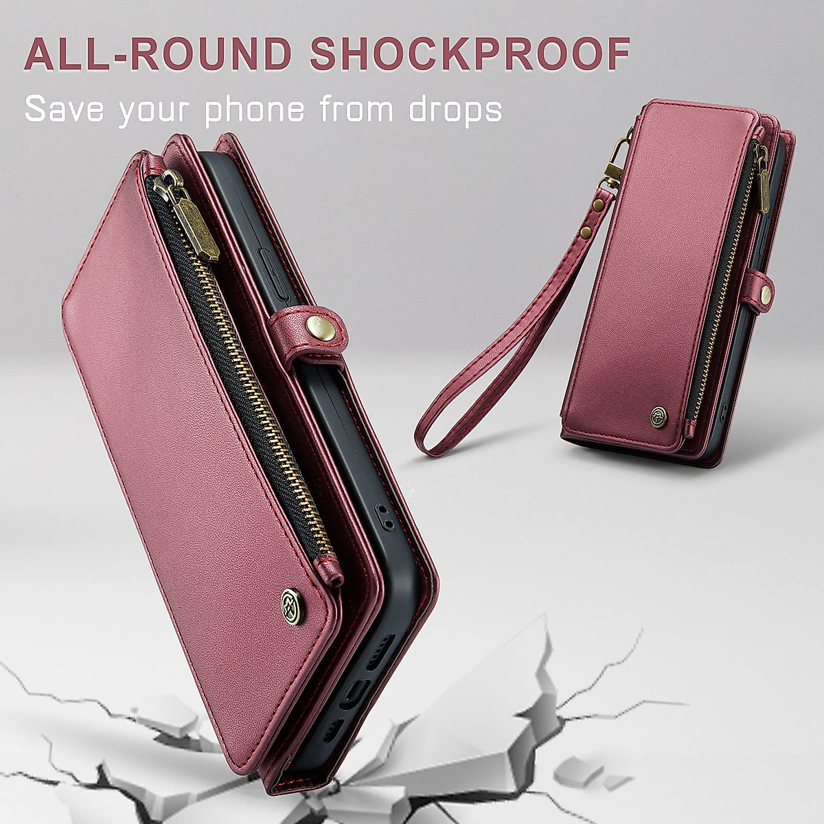 Defencase for iPhone 14 Case, RFID Blocking for iPhone 14 Wallet Case for Women Men with Credit Card Holder Slots Zipper Book Flip PU Leather Protective Cover for iPhone 14 Phone Case, Wine Red