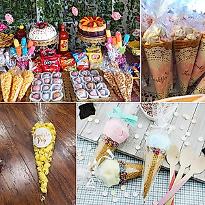 100 Pcs Cone Shaped Bags 7.1" X 14.6" Clear Cone Bags Popcorn Cone Bags for Treat Candy with 100 Twist Ties